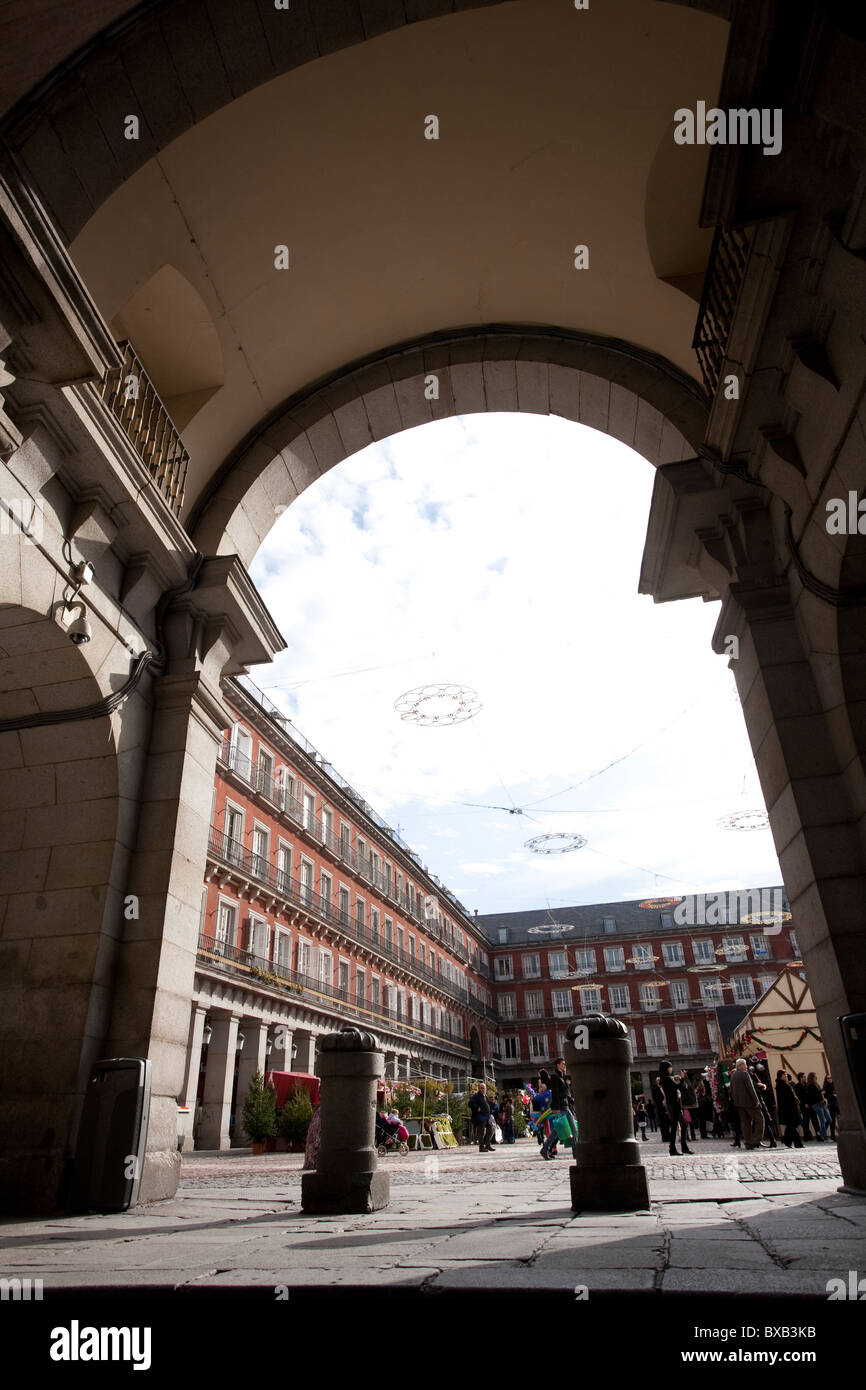 Archway entering Plaza Mayor central plaza in the city of Madrid, Spain ...