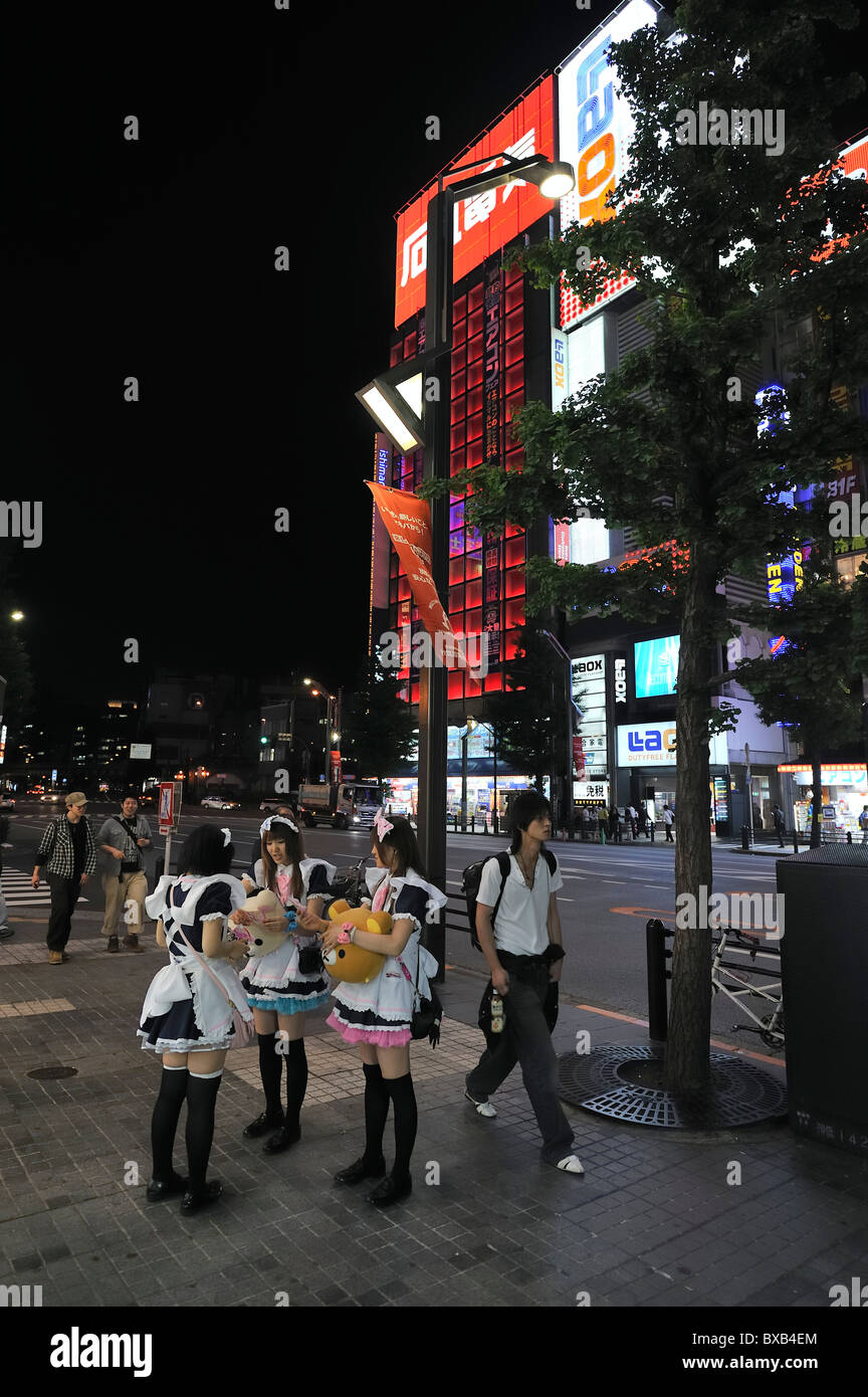 Young, Japanese women promoting maid cafe in Akihabara at night, Tokyo ...