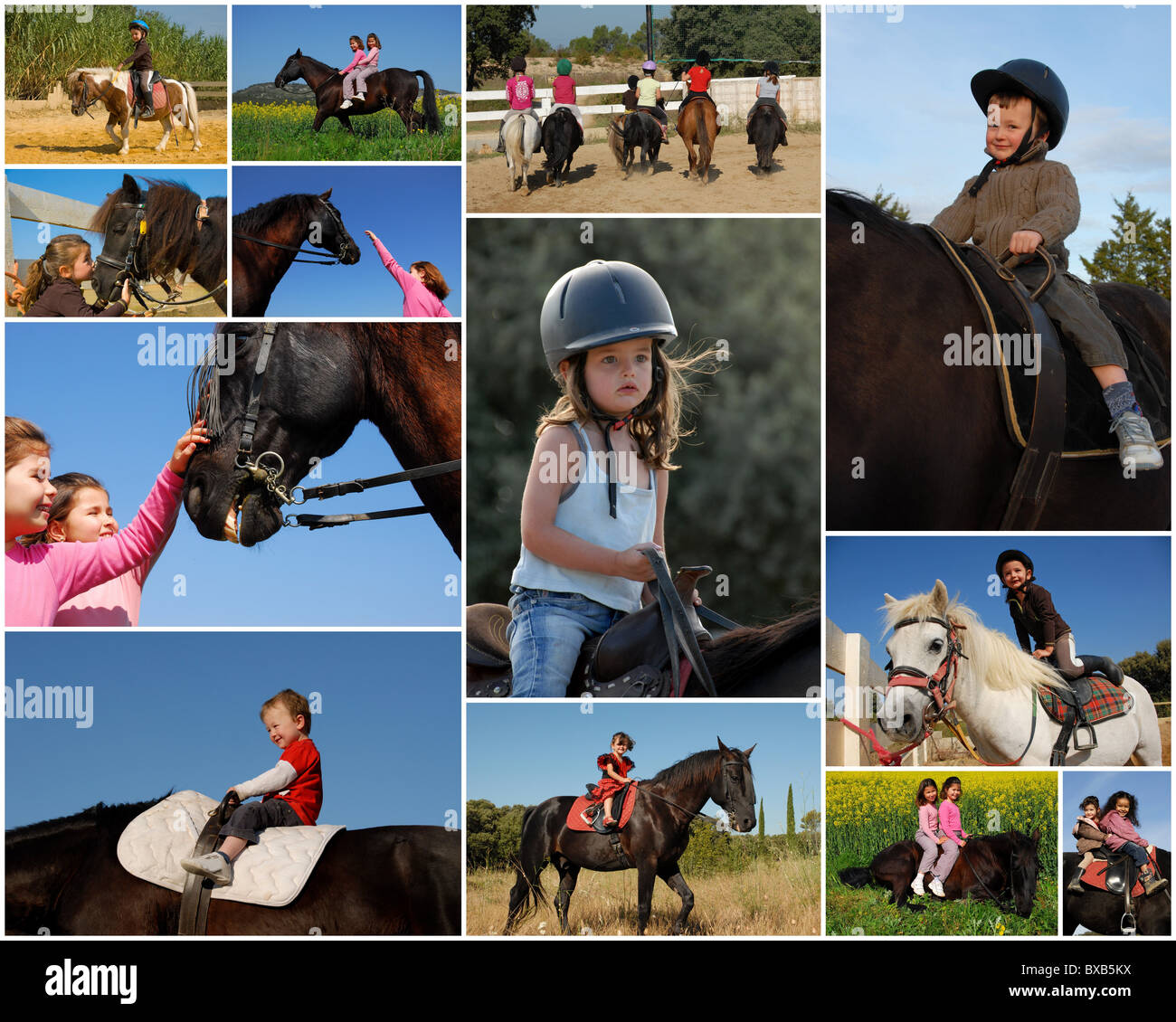 riding children and their ponies or horses in the nature Stock Photo ...