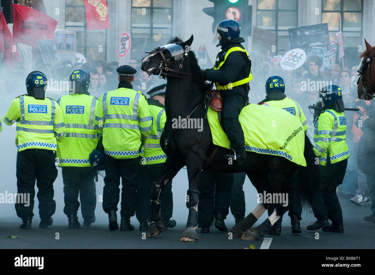 Metropolitan police horses on duty during student riots in London in ...