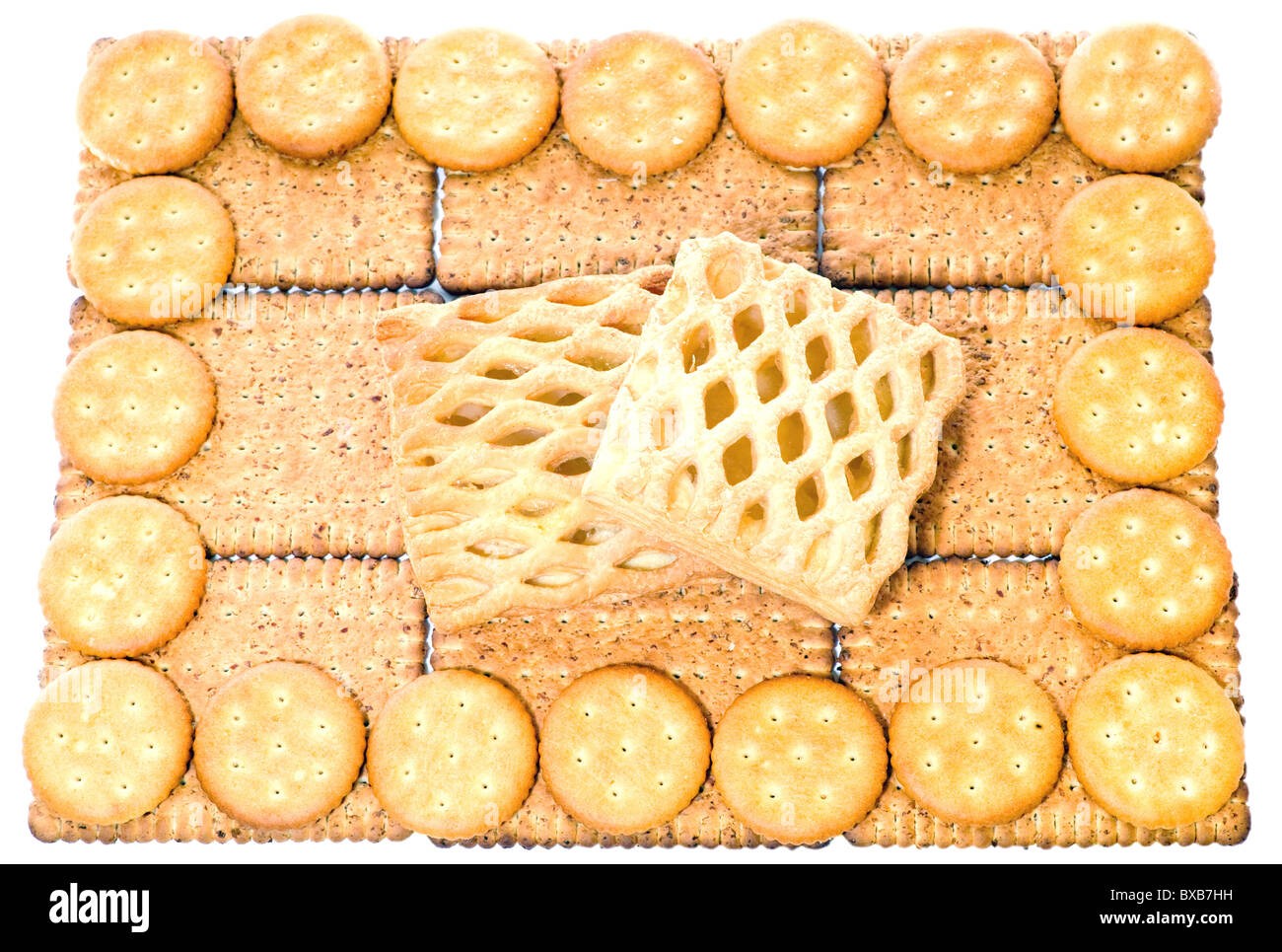 wheat biscuits and split cookies on top (food composition, background ...