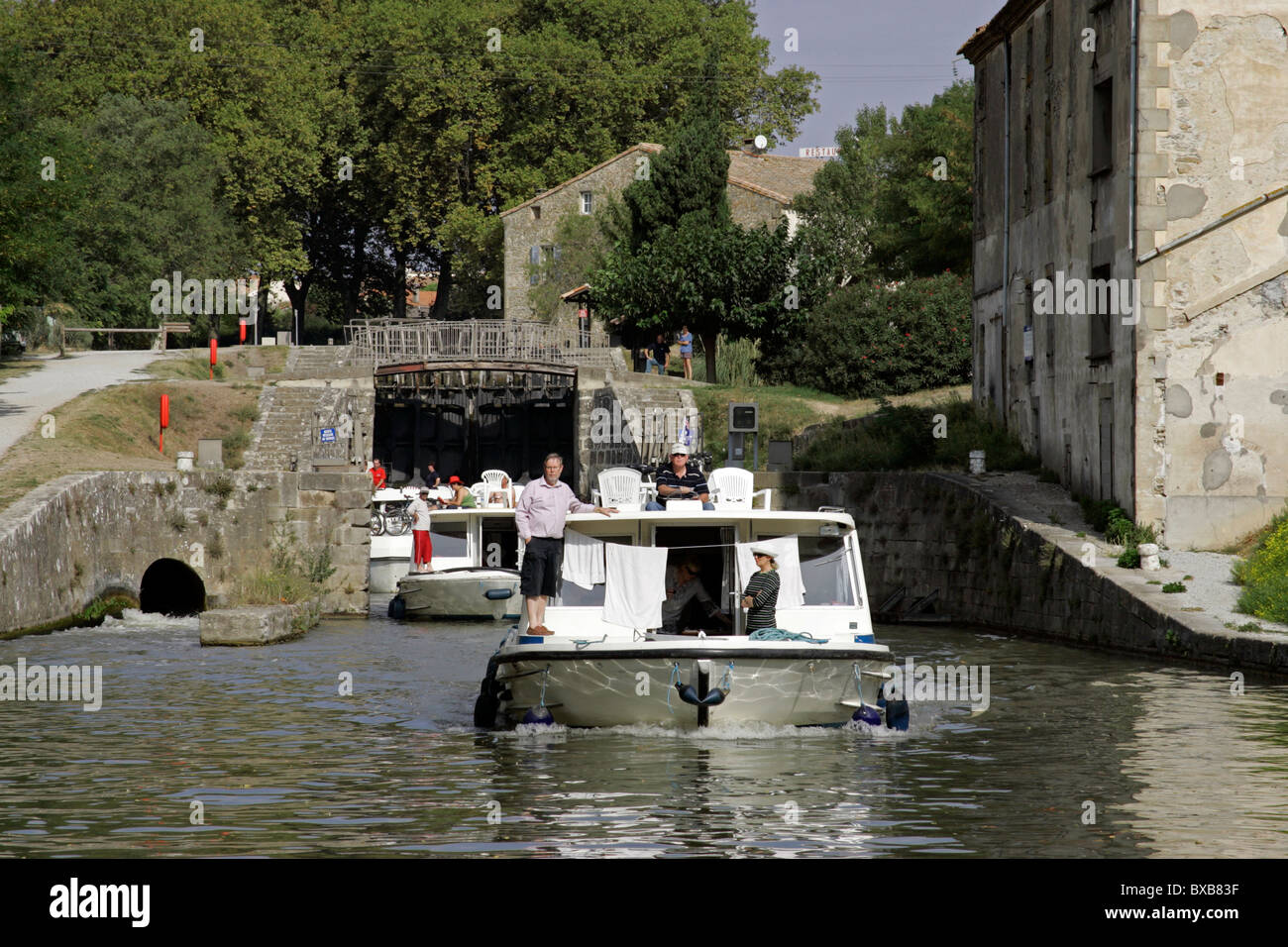 Canal, boats, lock, Canal du Midi, Trebes, Carcassonne, Aude, France ...