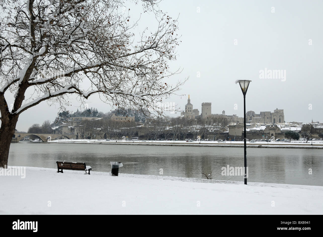Avignon & Banks of the River Rhône Under Snow, Vaucluse, Provence ...