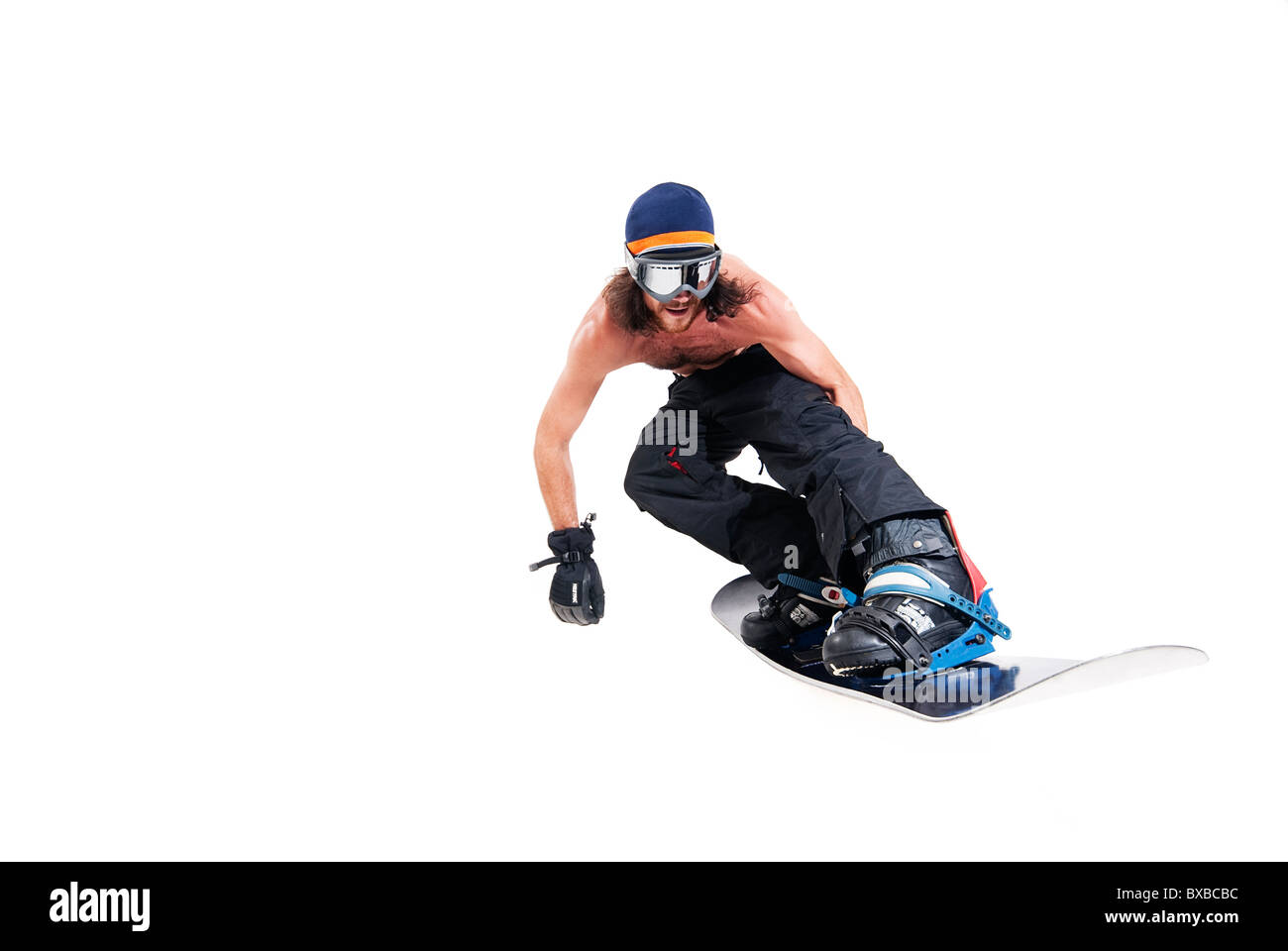 creative portrait of funny snowboarder with long hair on studio Stock ...