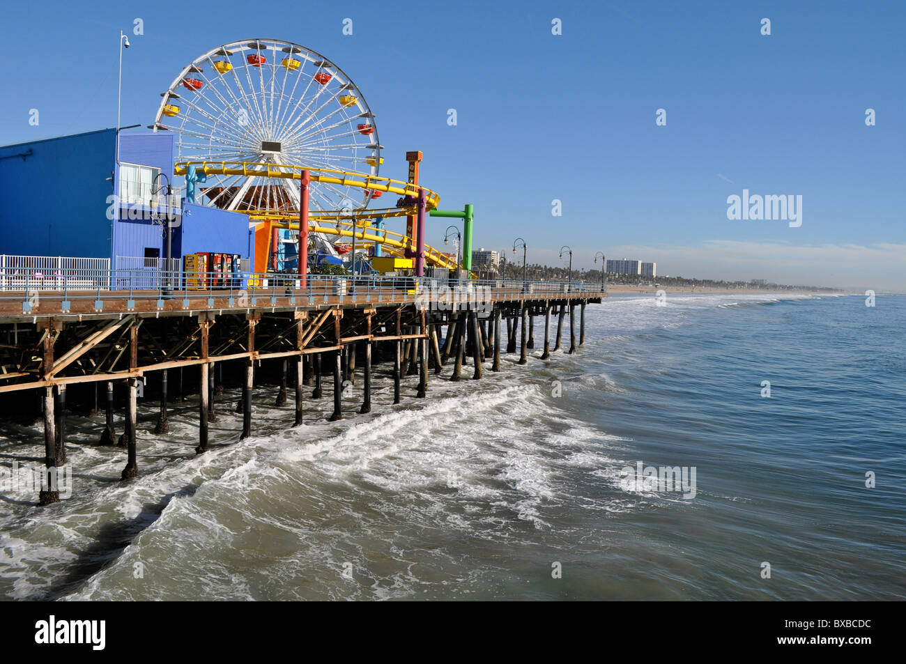 Santa Monica pier and rides from the rear looking south Stock Photo - Alamy