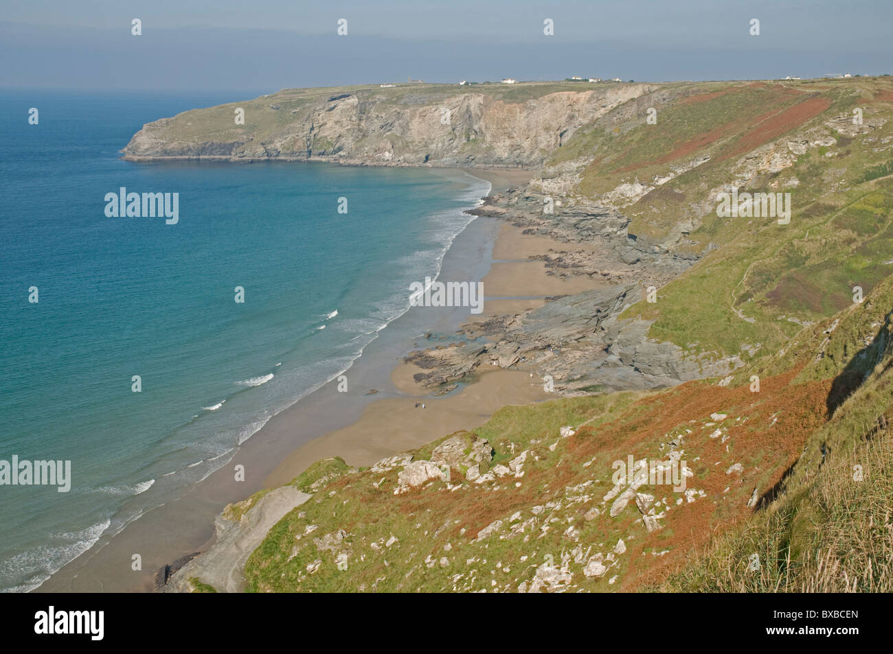 The attractive sandy beach at Trebarwith Strand on the north Cornwall ...