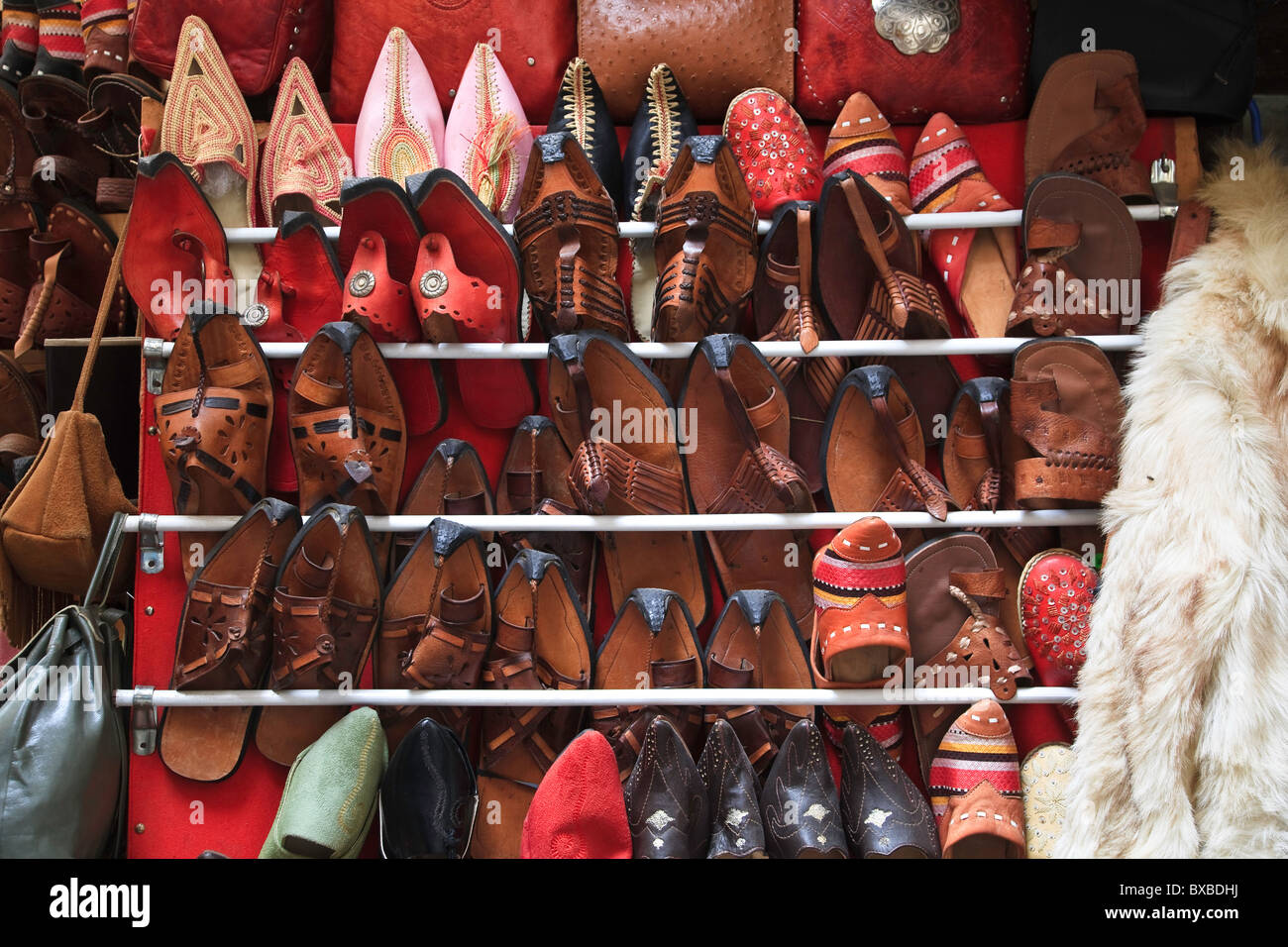 Leather shoes display in the old town of Fes Stock Photo - Alamy