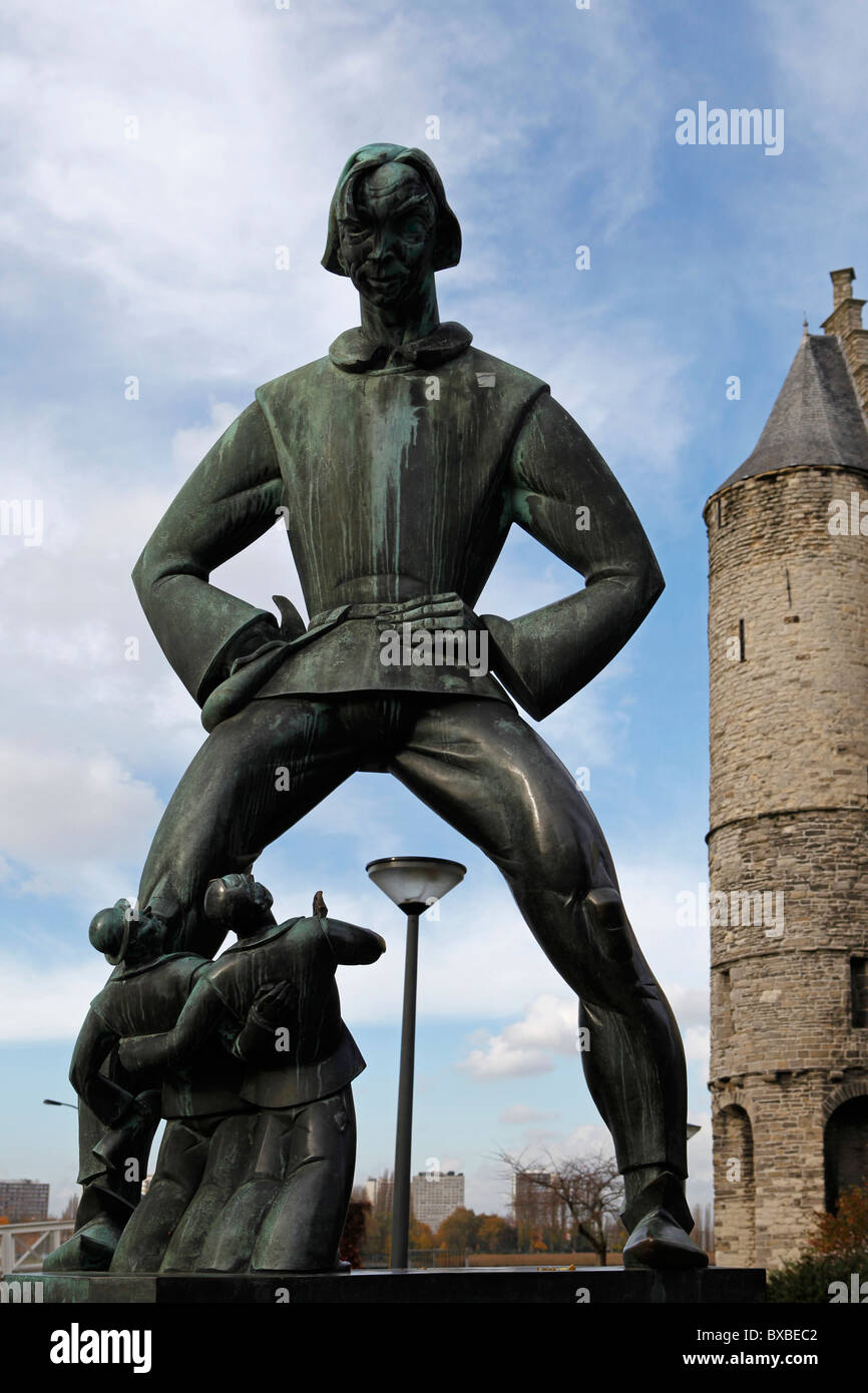 Statue of the giant "Lange Wapper" outside of the Het Steen in Antwerp ...