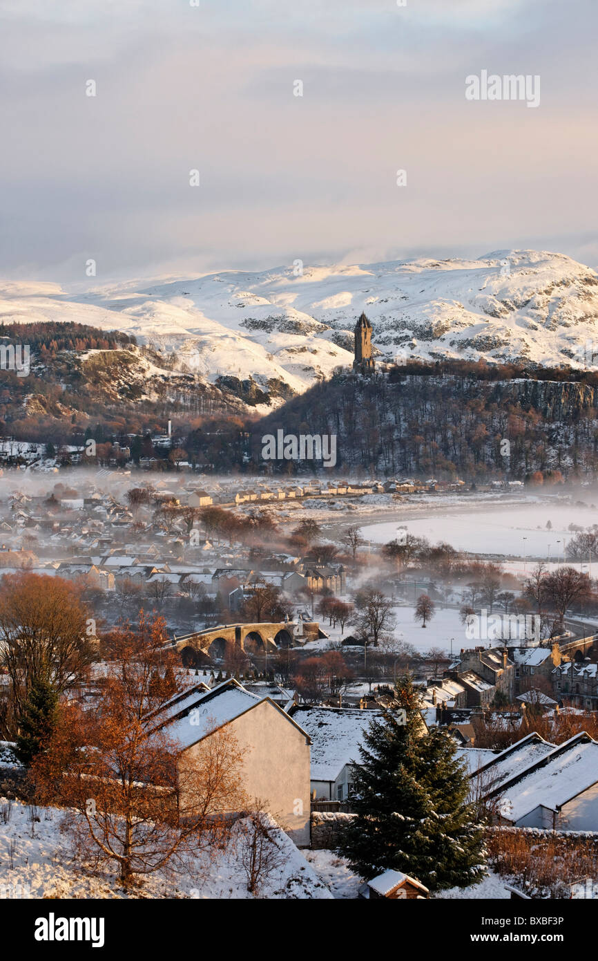 View to the Wallace Monument and Stirling Bridge (Auld Brig) with the ...