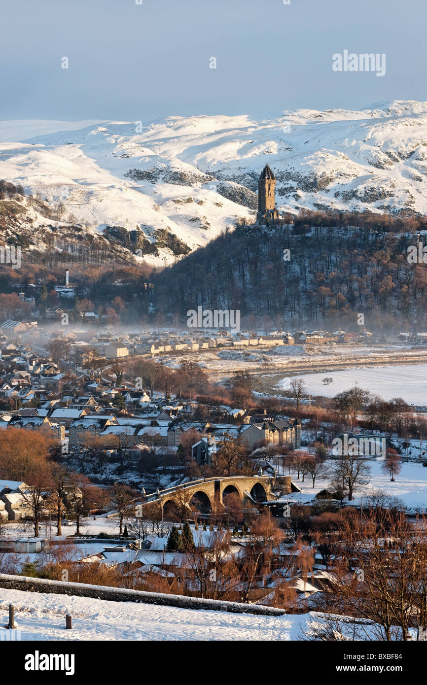 View to the Wallace Monument and Stirling Bridge (Auld Brig) with the ...