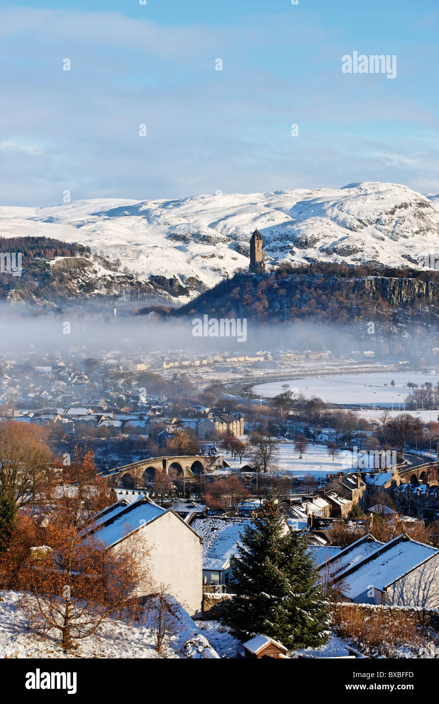 View to the Wallace Monument and Stirling Bridge (Auld Brig) with the ...