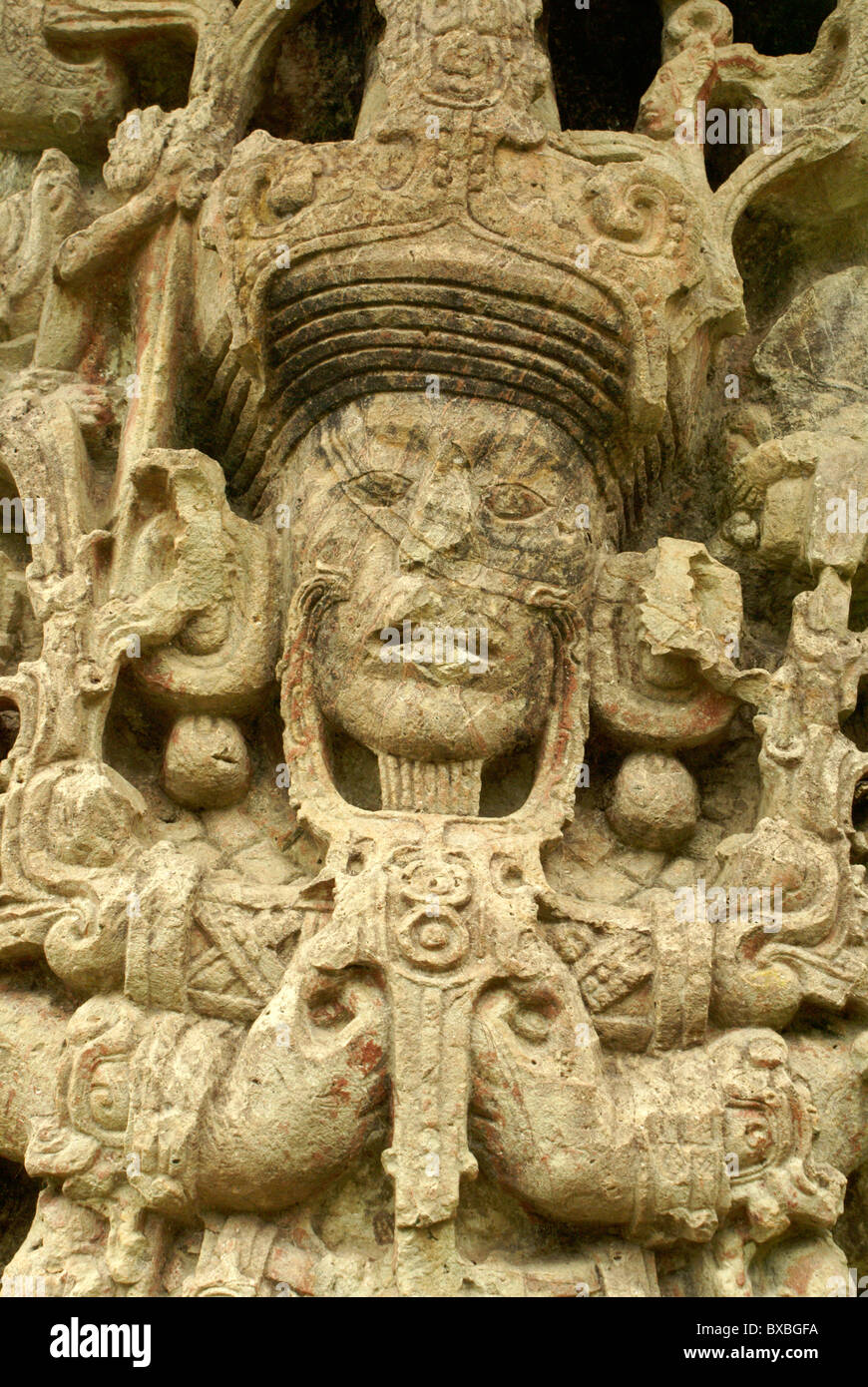 Likeness of Copan ruler 18 Rabbit on Stela B at the Mayan ruins of ...