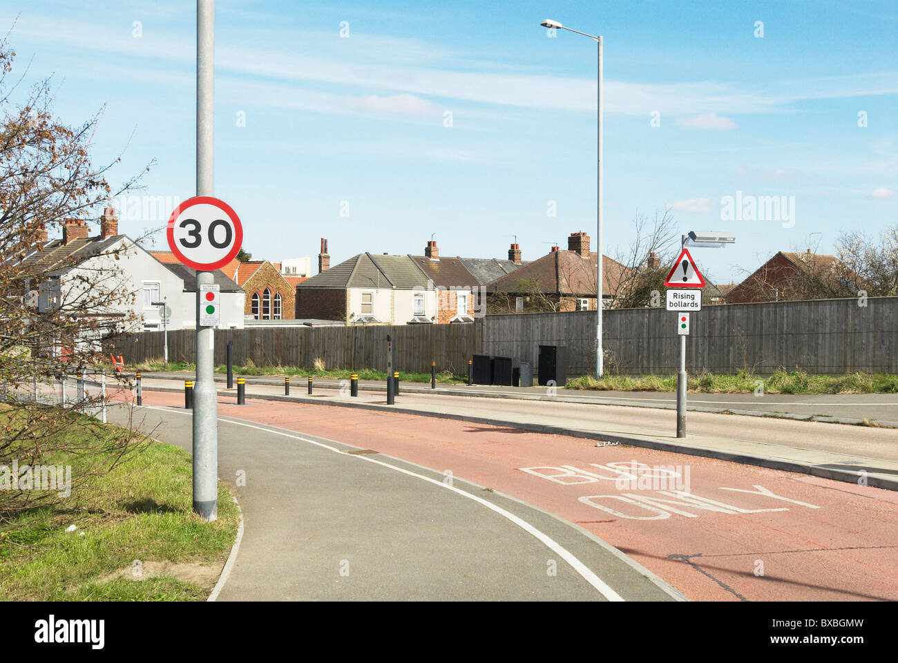 Buses only road junction with rising bollards Kings Lynn Norfolk UK ...