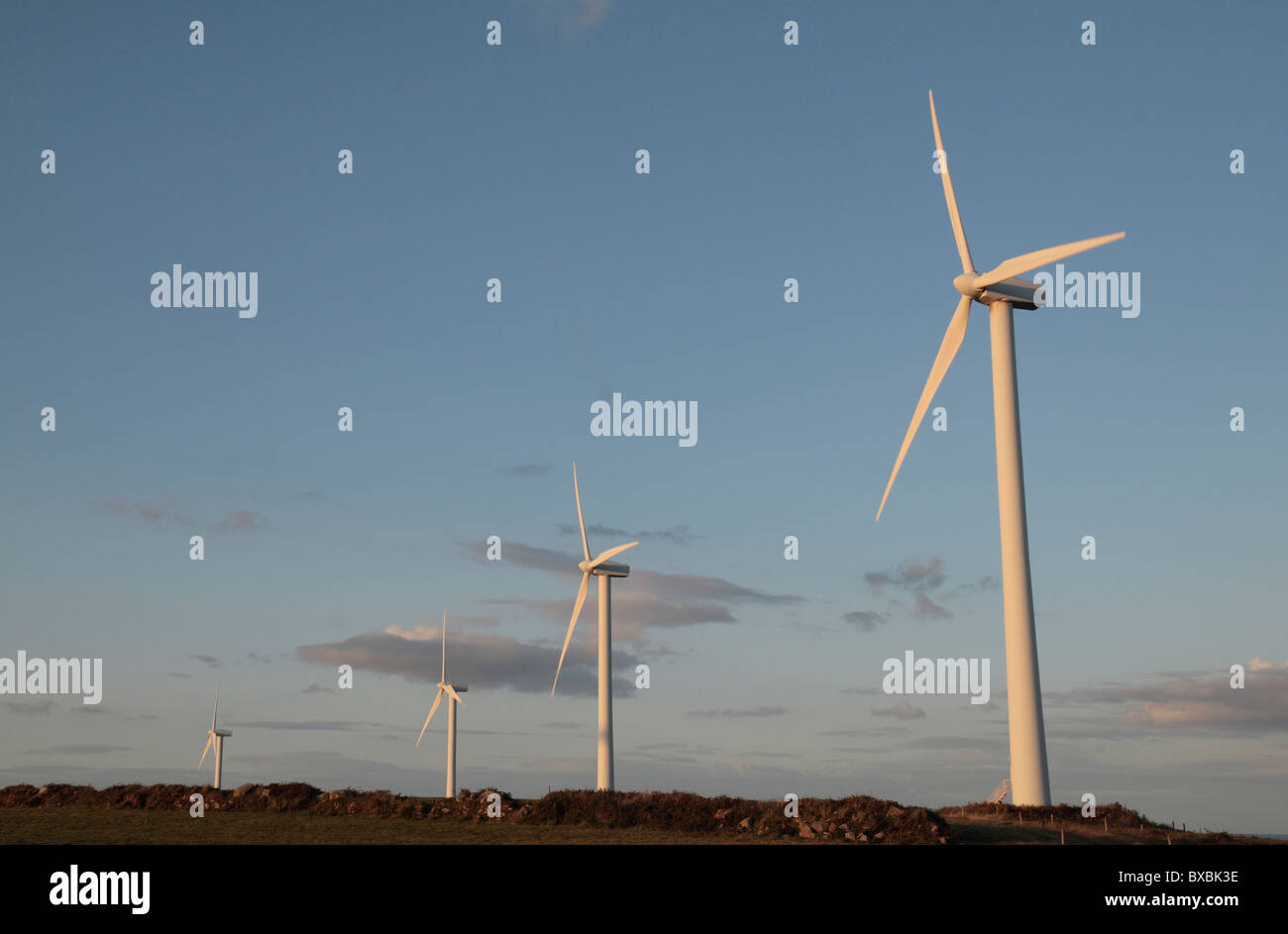 Four wind turbines at the Carnsore Point windfarm, County Wexford, Eire ...