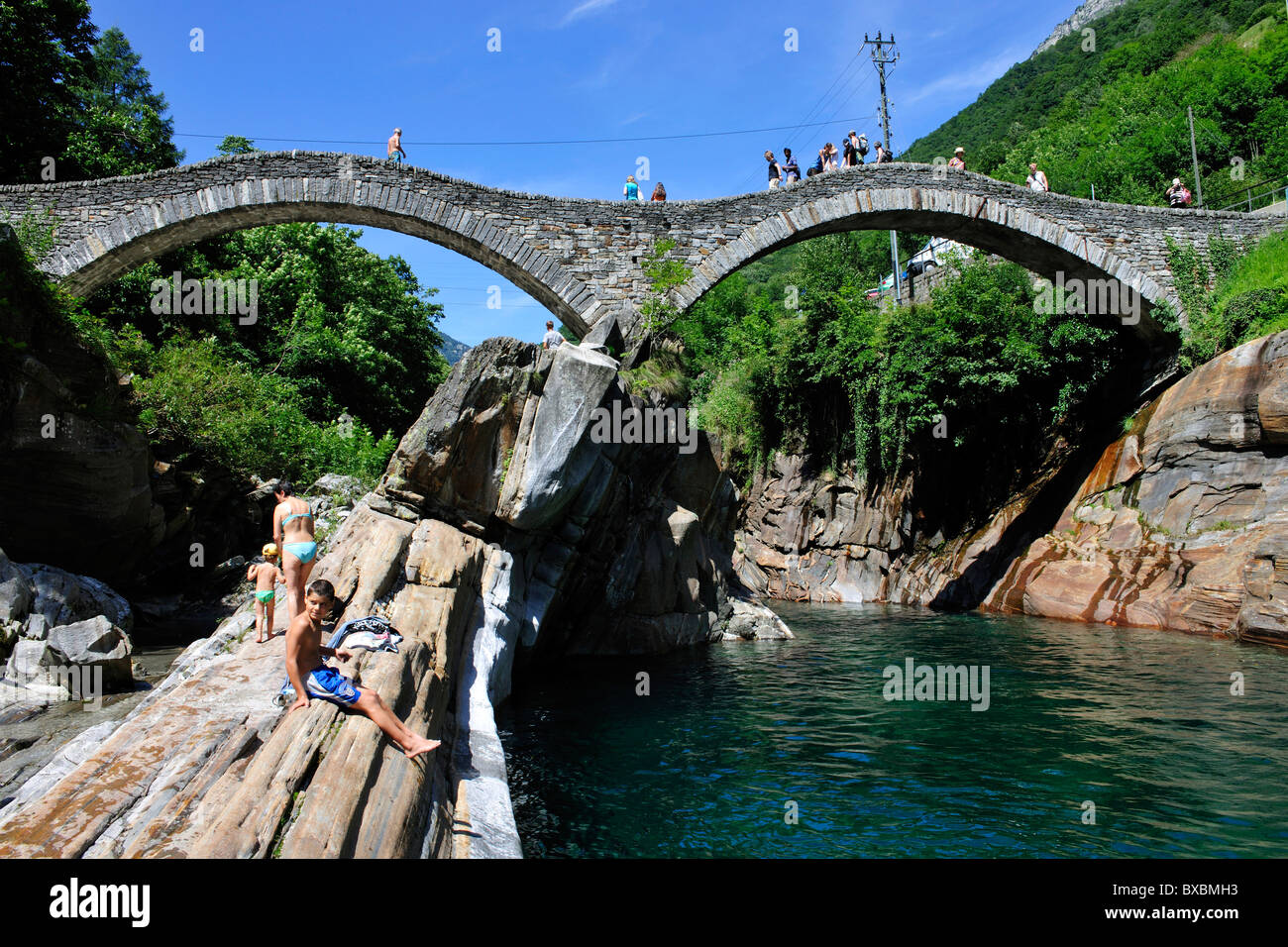 Ponte dei Salti bridge crossing the Verzasca River at Lavertezzo in the ...