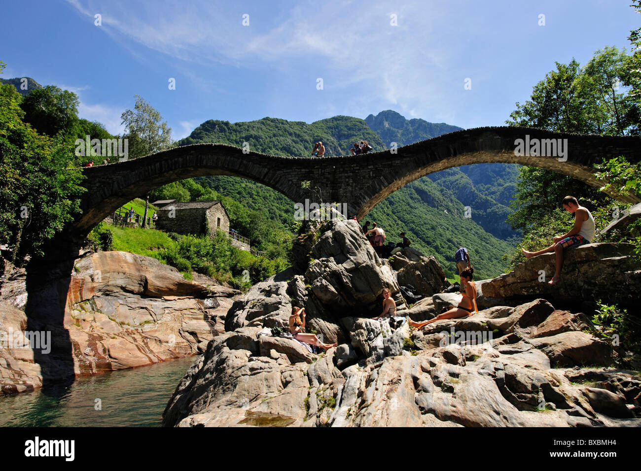 Ponte dei Salti bridge crossing the Verzasca River at Lavertezzo in the ...