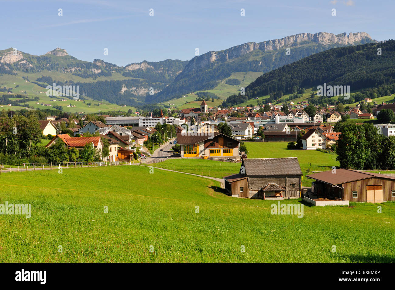 Appenzell, the capital city of the canton, in front of the Alpstein ...
