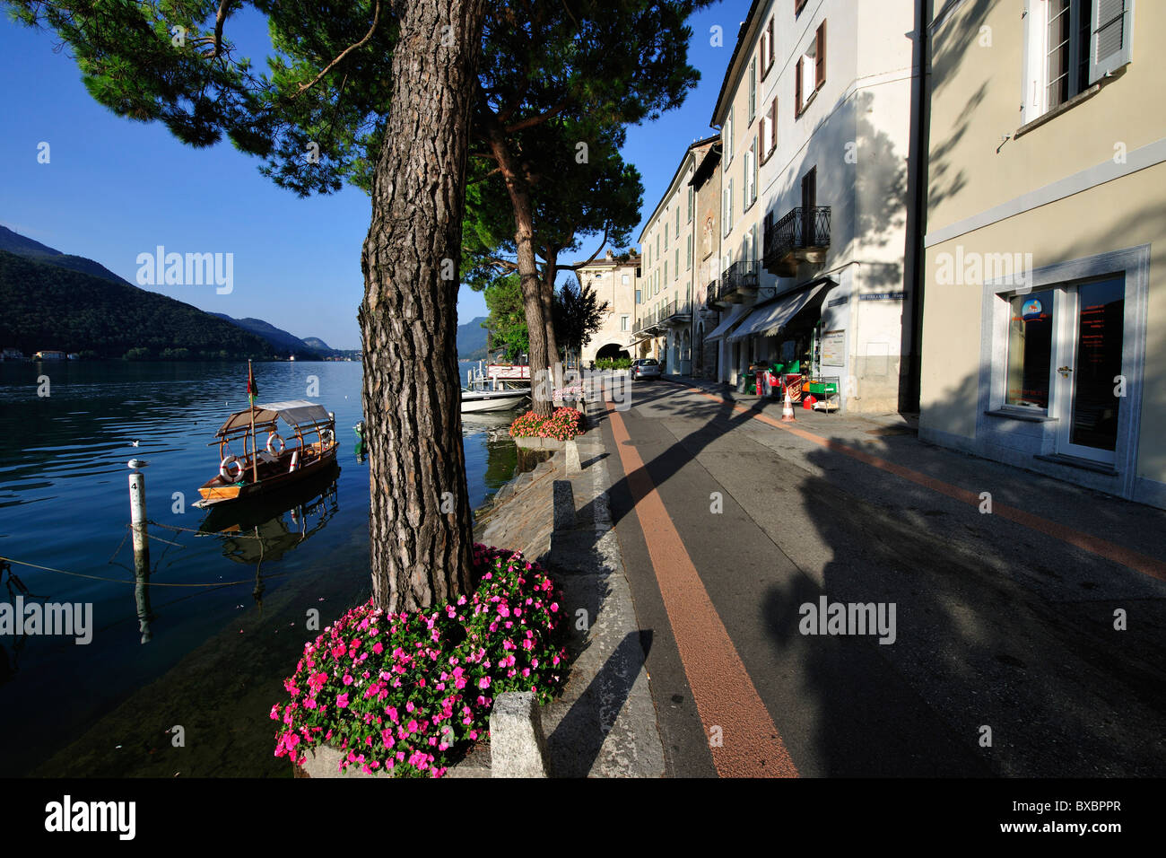 Lakeside promenade of Morcote, Lago di Lugano, Lake Lugano, Canton of ...