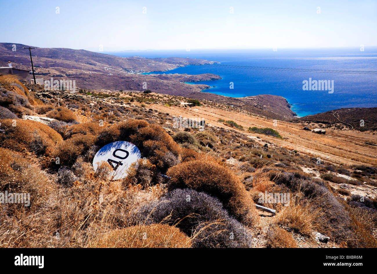 Speed limit 40 signpost fallen in a field on the Greek Cyclade island ...