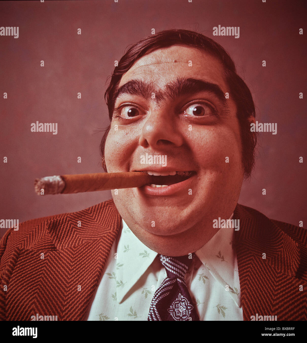 One Caucasian male smoking cigar. Unhealthy overweight. Facial emotion ...