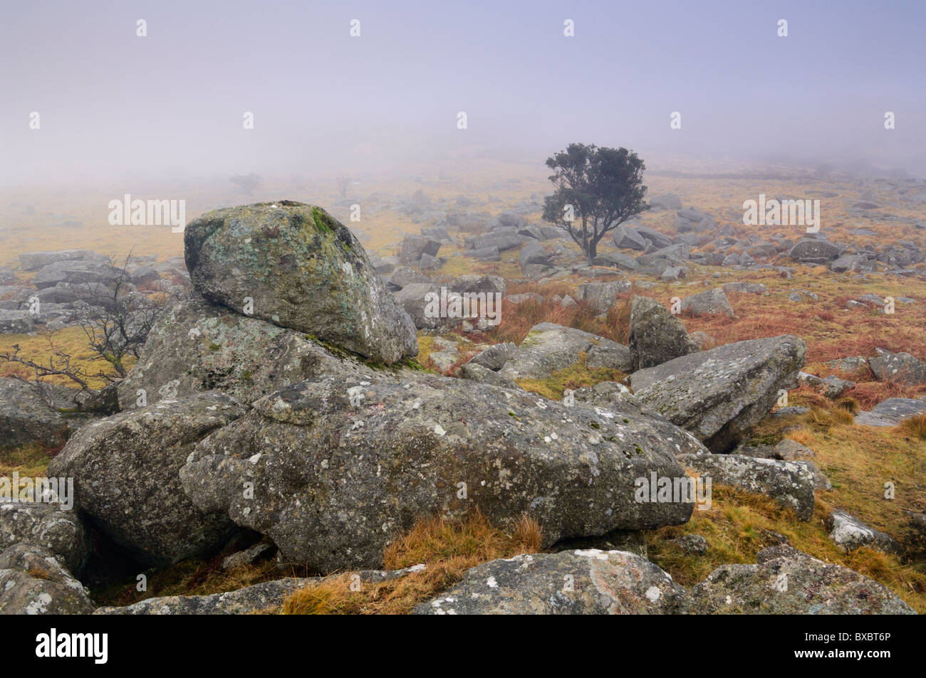 Rocks in the mist on Dartmoor National Park near Merrivale in Devon ...