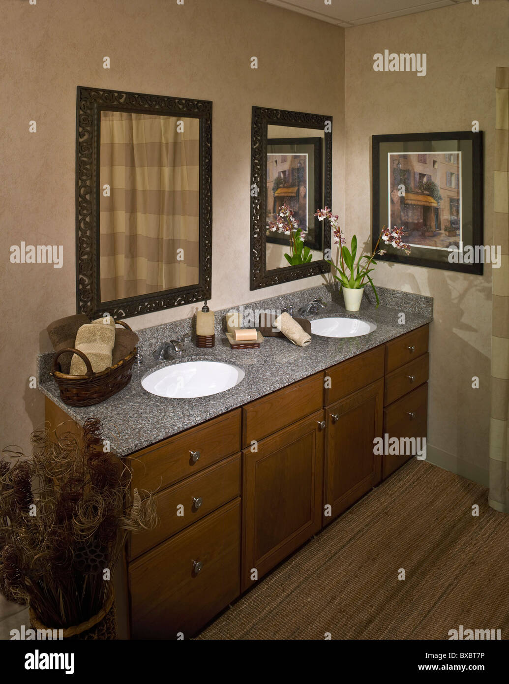 vanity sink bath room dual bowl mirror counter Stock Photo - Alamy