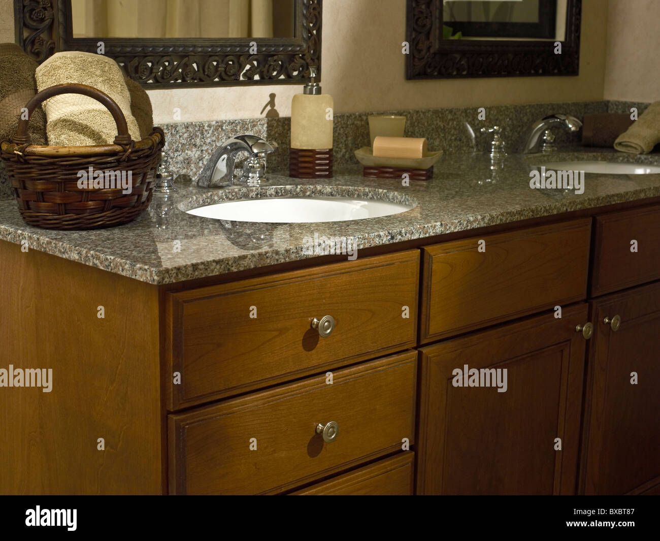 vanity sink bath room dual bowl mirror counter Stock Photo - Alamy