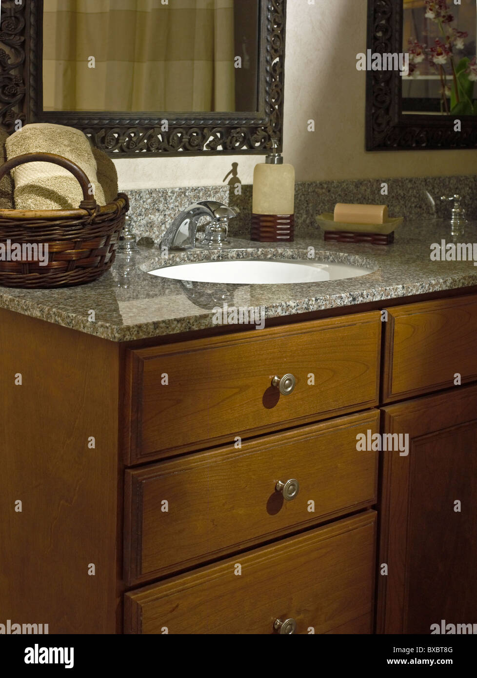 vanity sink bath room dual bowl mirror counter Stock Photo - Alamy