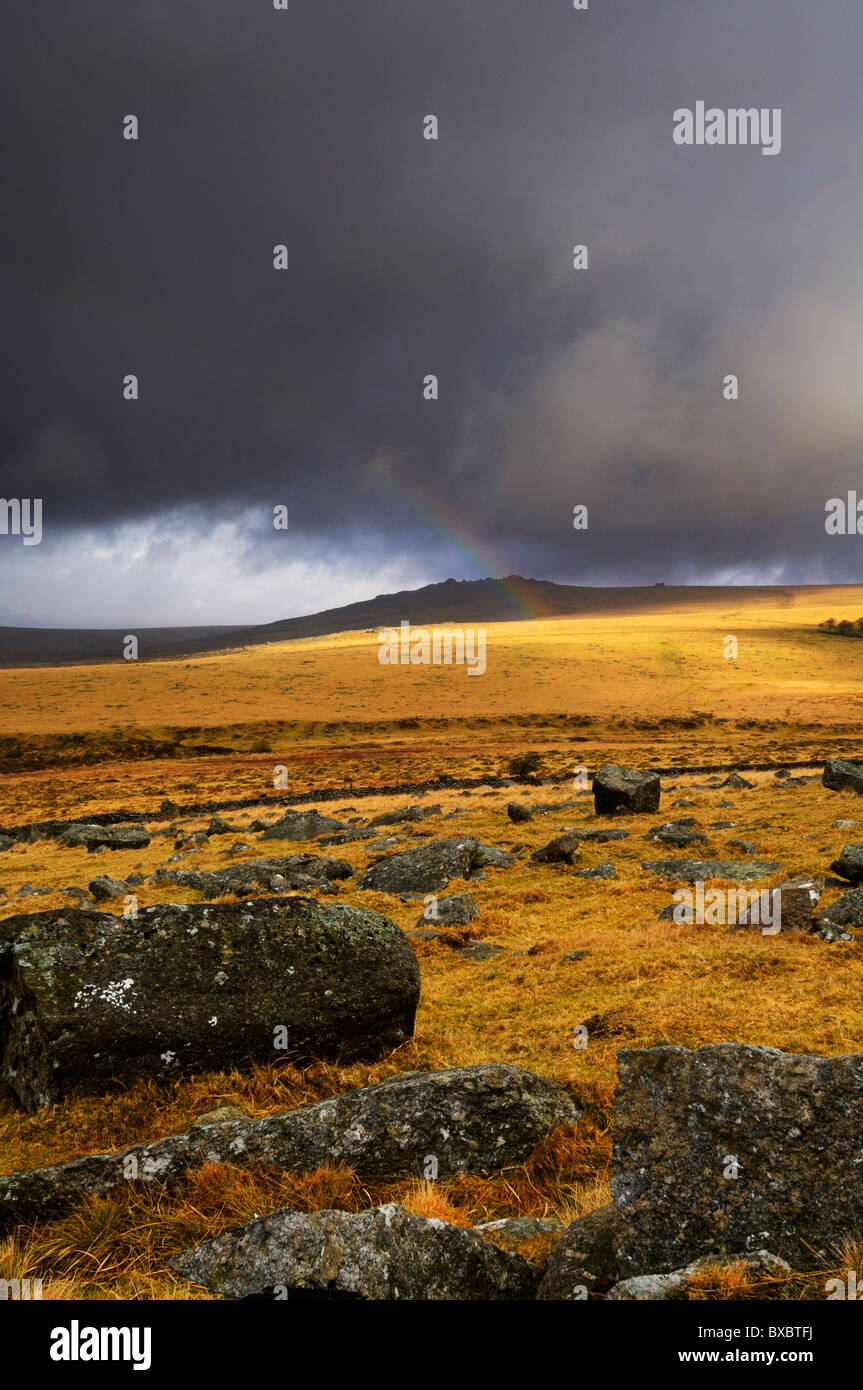 Rain clouds and a rainbow over Great Mis Tor in Dartmoor National Park ...