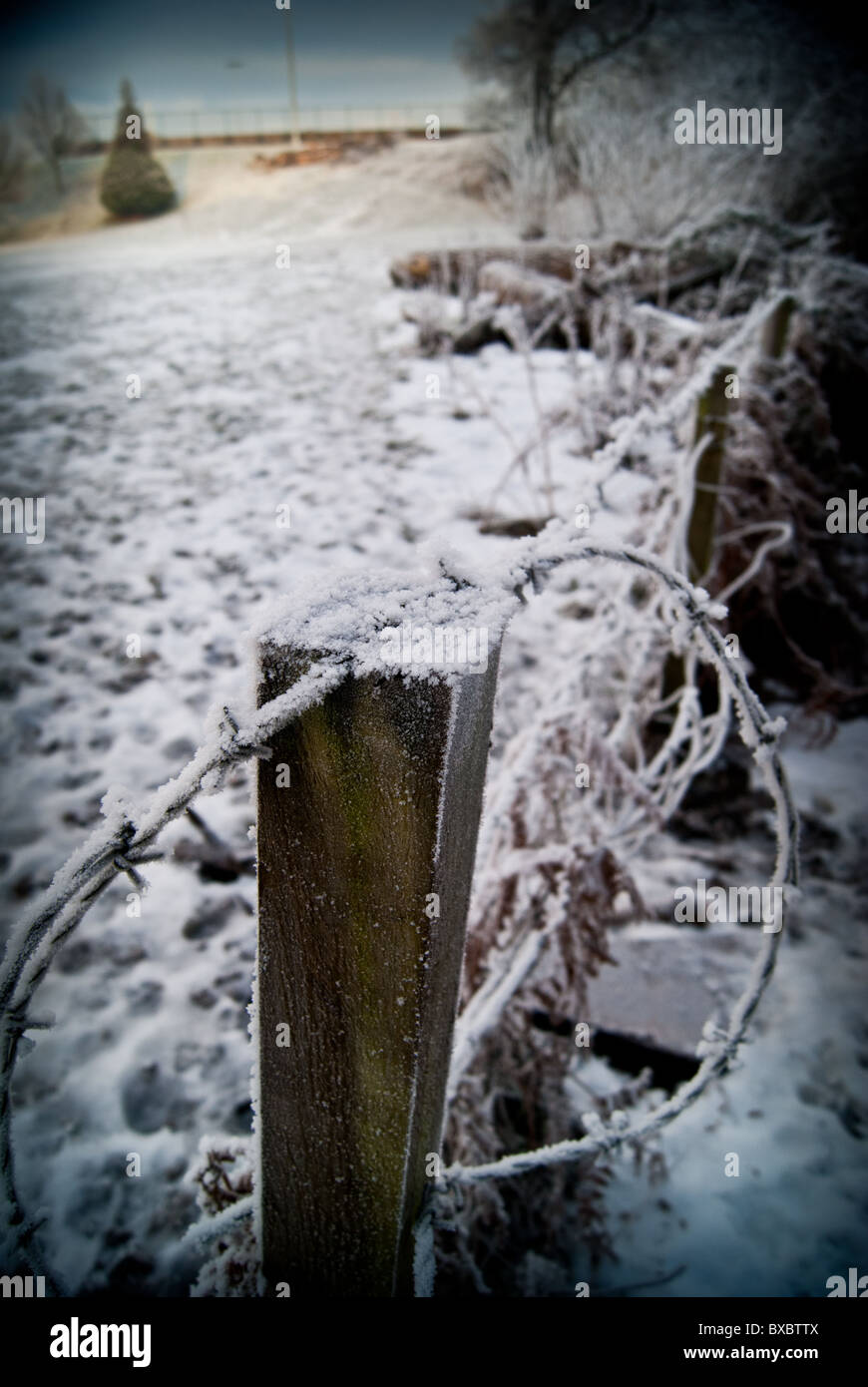 A frosty fence post in the West of Scotland Science Park Stock Photo ...