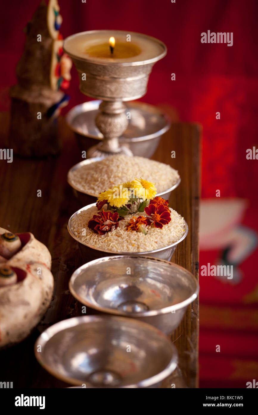 Bowls containing various offerings to the deities Stock Photo - Alamy