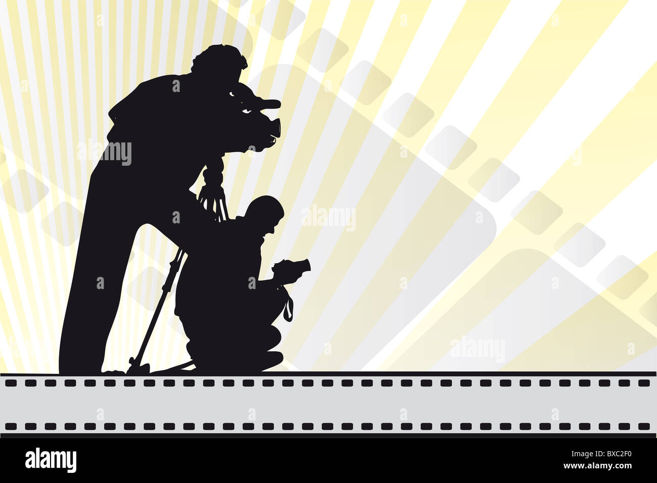 Two movie maker or photographer with equipment on background with ...