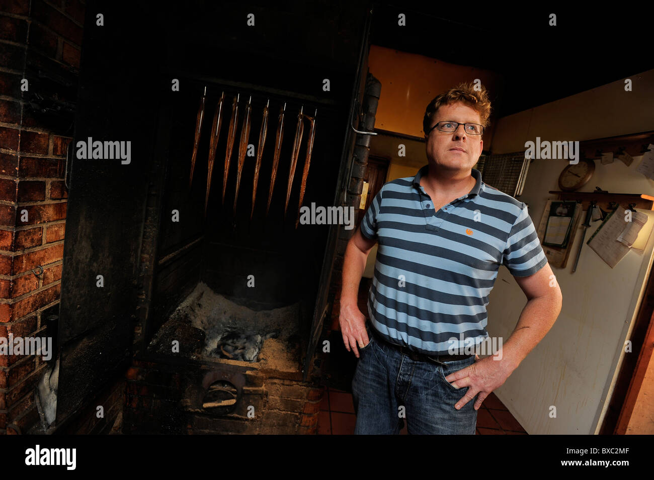 Jesse Pattison at Bowdens Farm Smokery, with smoked eel Stock Photo - Alamy