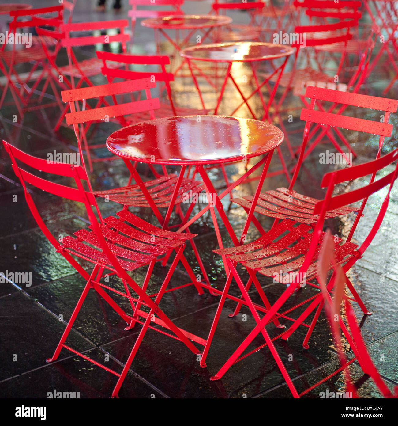 Empty tables and chairs in Times Square Manhattan, New York City, U.S.A ...
