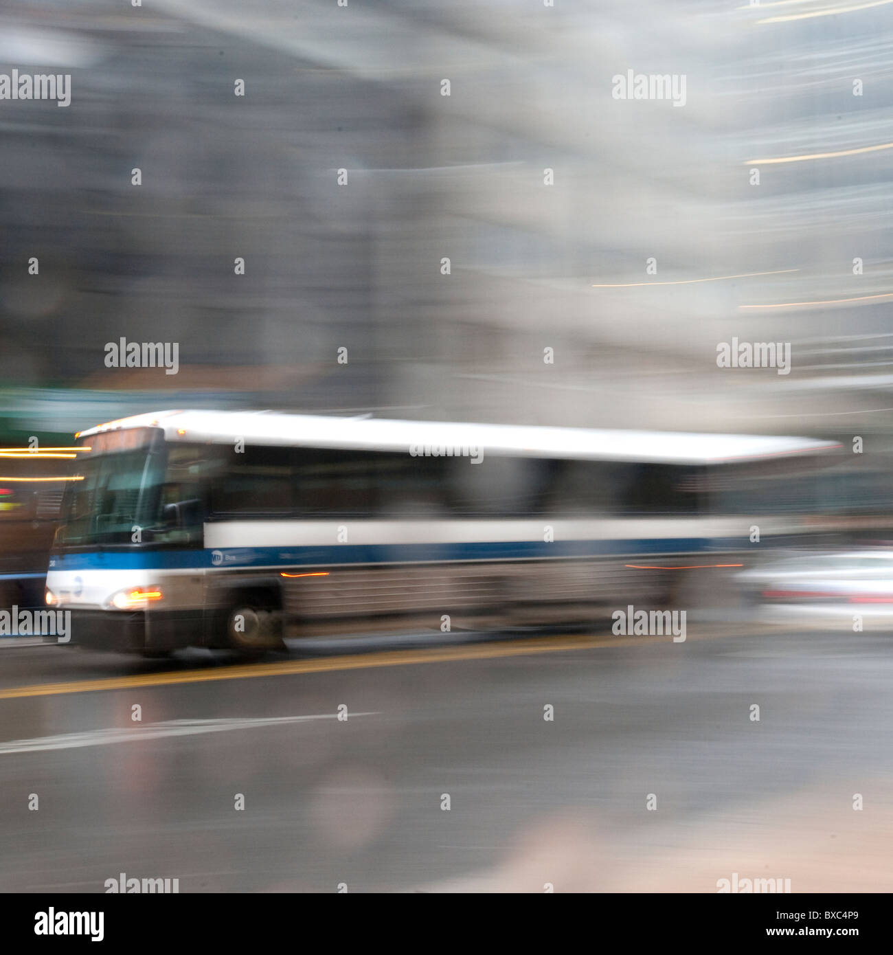Blurred image of a transit bus in Manhattan, New York City, U.S.A Stock ...