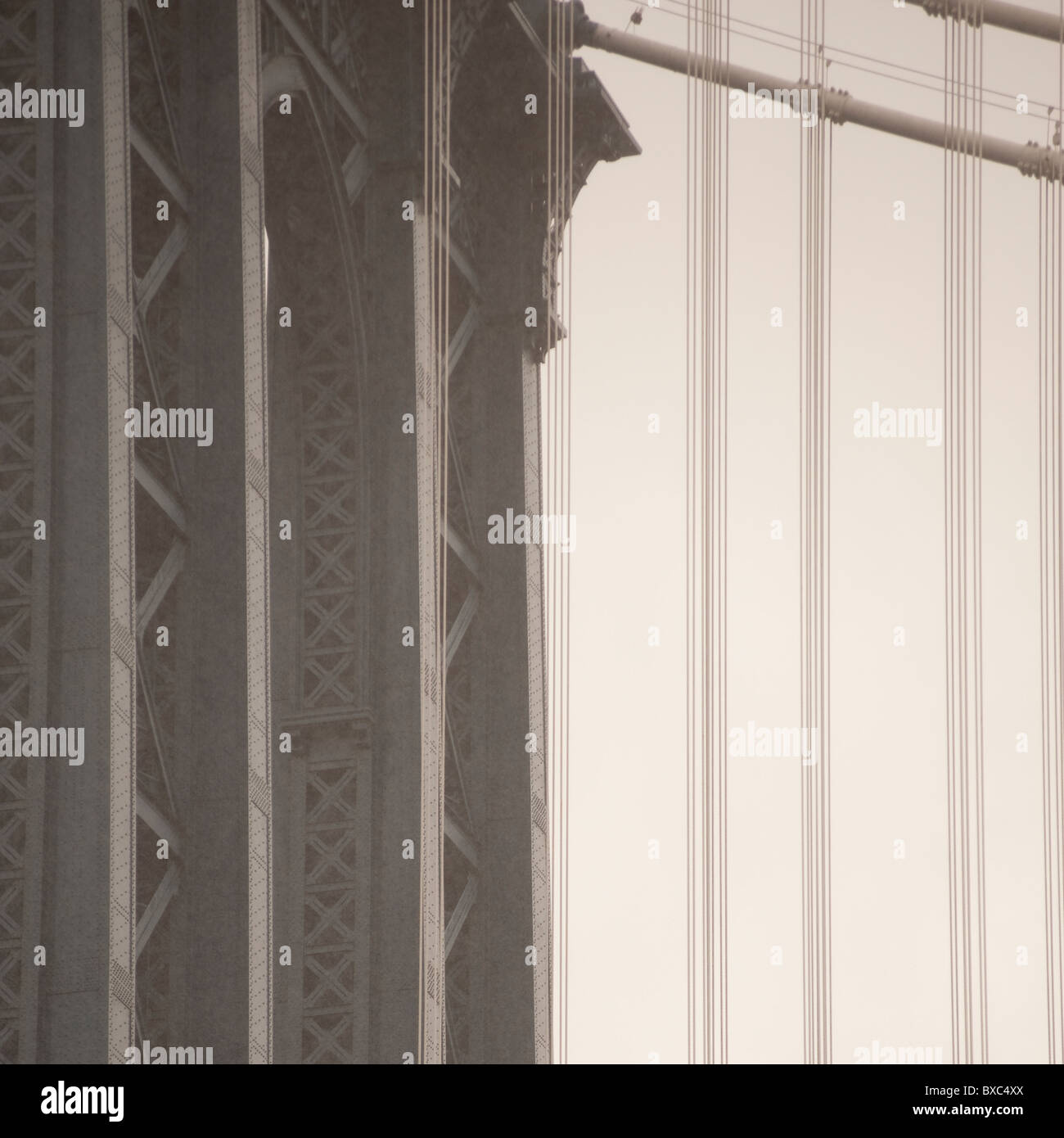 Close up view of cables on the Manhattan Bridge in New York City, U.S.A ...