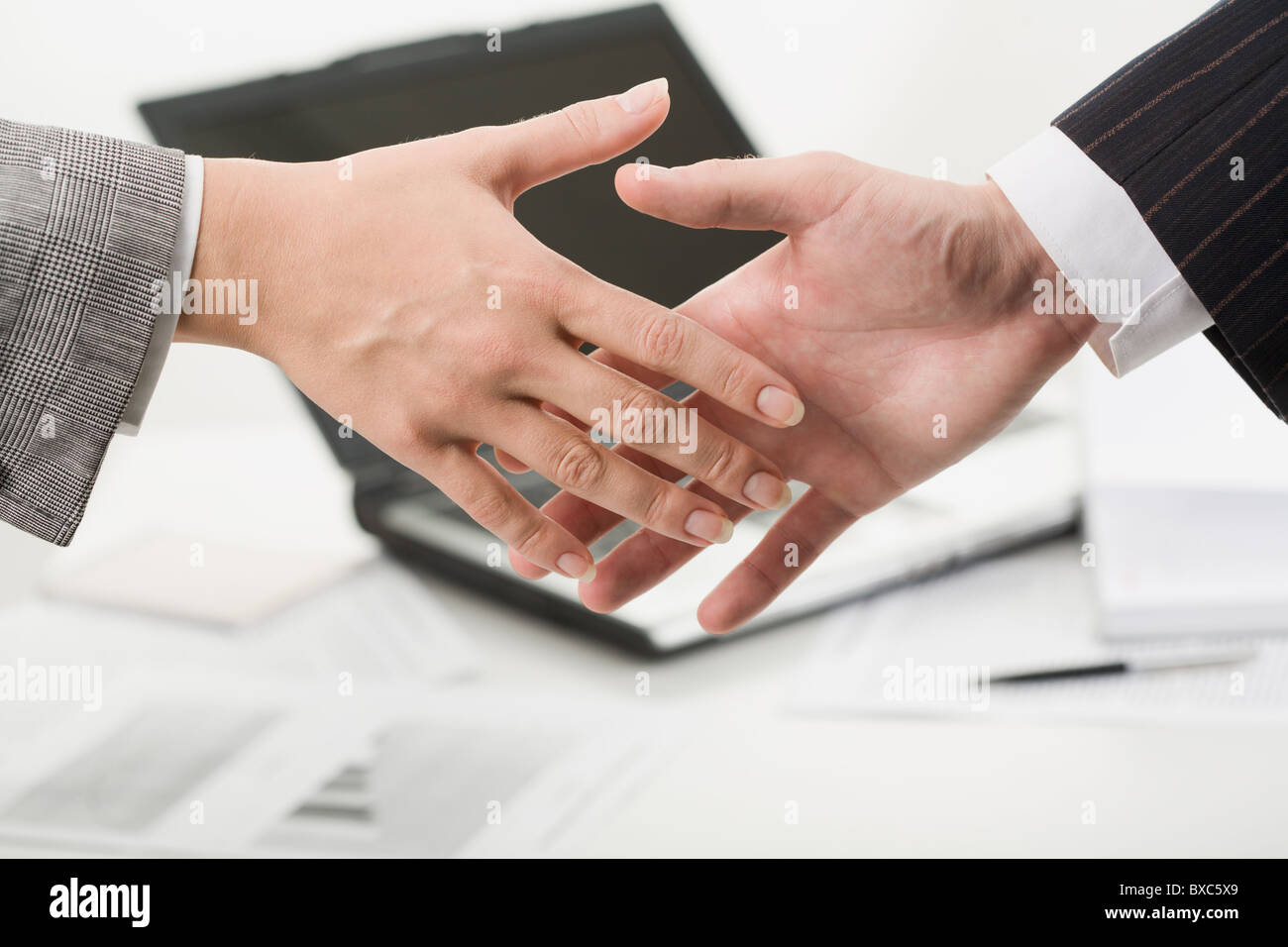 Woman and man shaking hands on the background of opened laptop Stock ...
