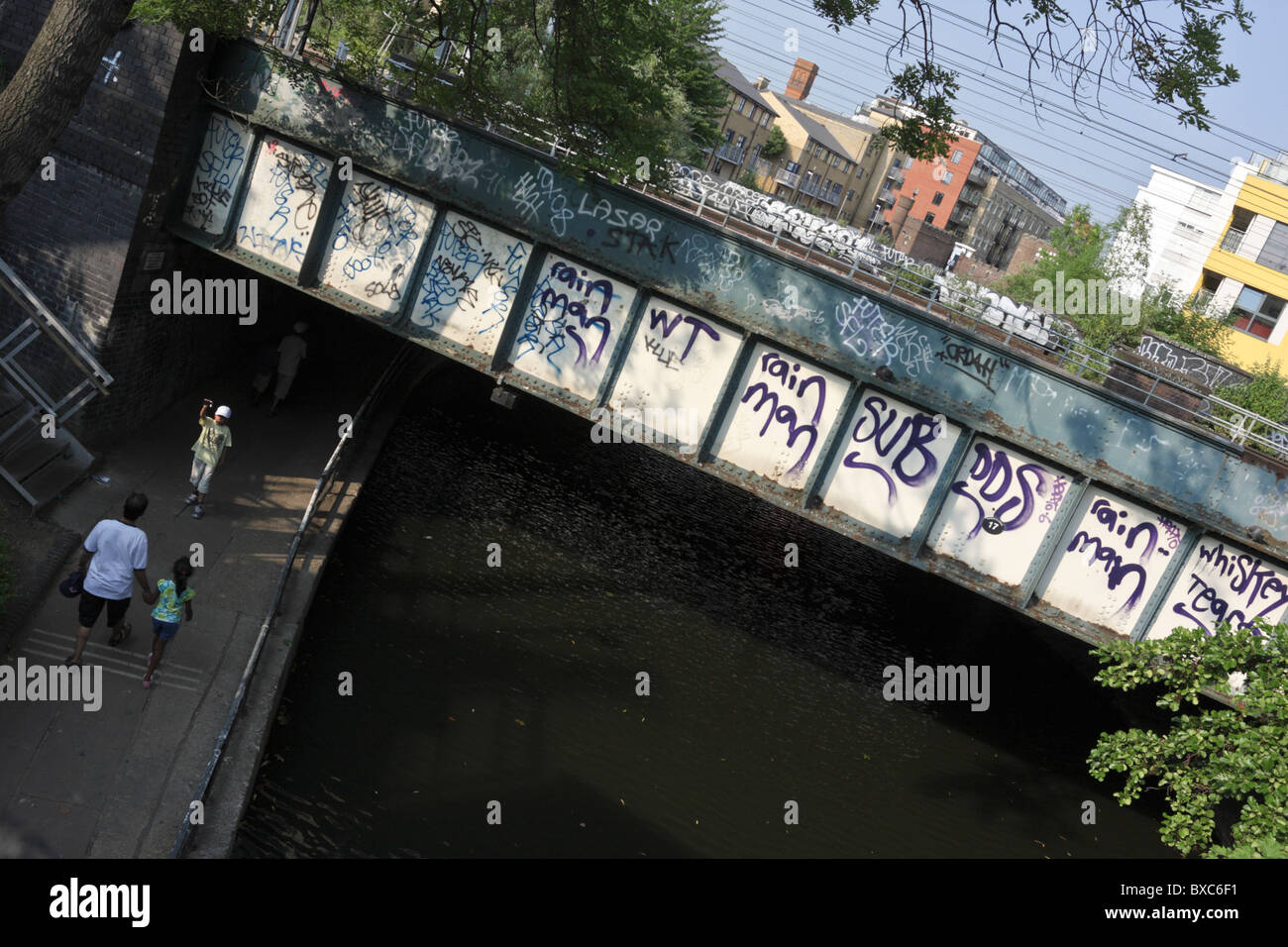 Inner city life depicting the pleasureof a canal side walk against the ...