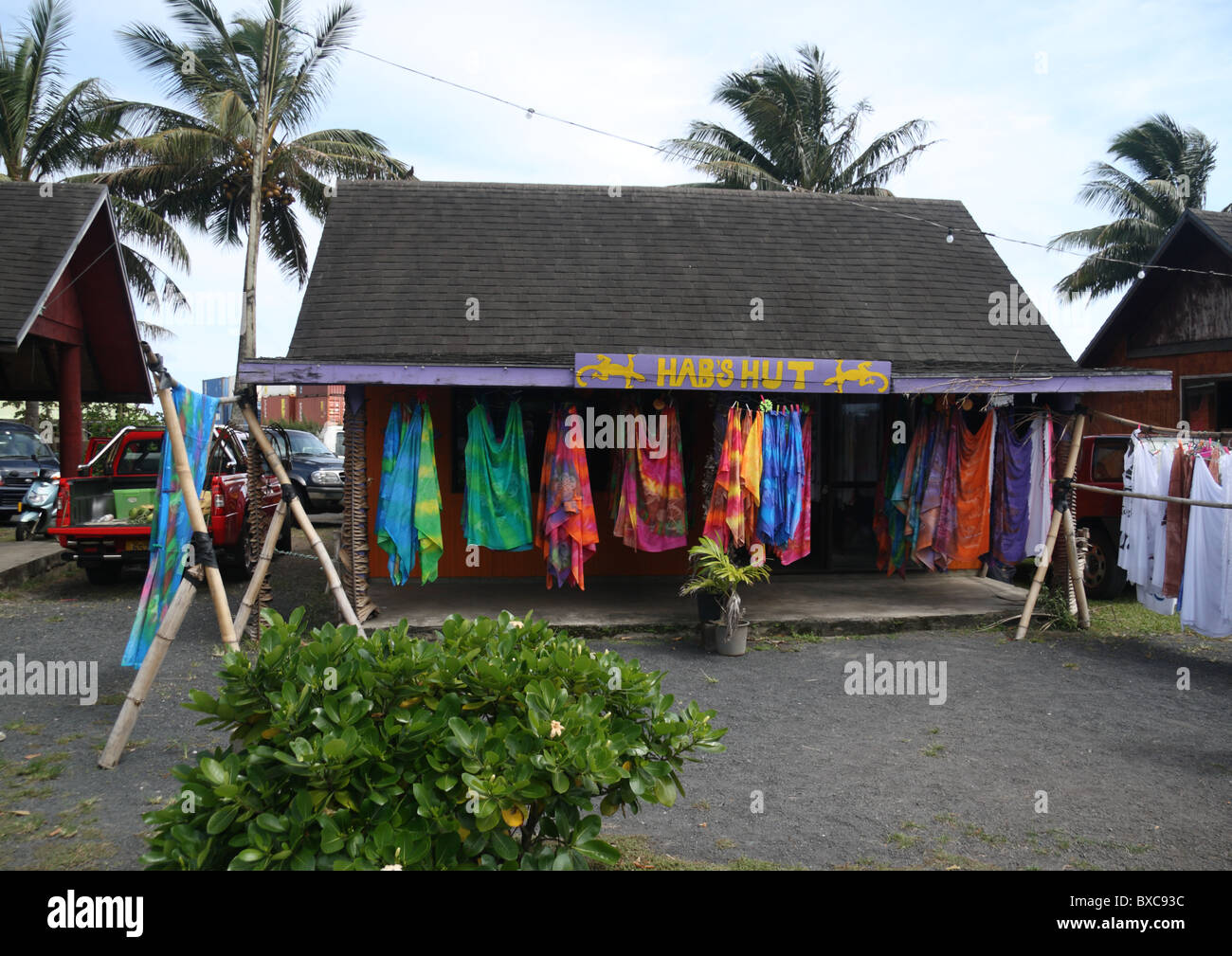 Market stall in Punanga Nui Market in Rarotonga in the Cook Islands ...