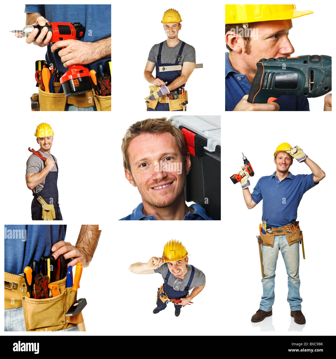 portrait of smiling handyman and works tools detail on white background ...