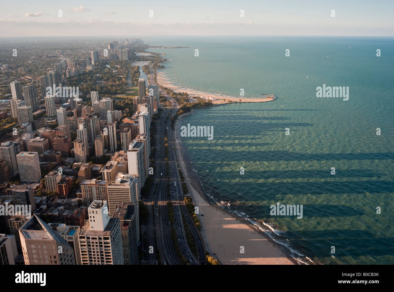 Aerial view of Chicago, Lake Shore Drive and Lake Michigan Stock Photo ...