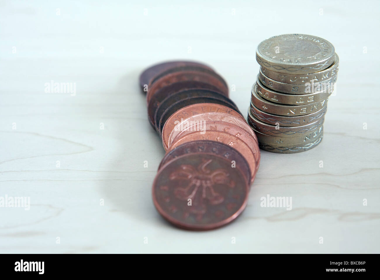 A stack of sterling £1 coins next to a row of 2p coins Stock Photo - Alamy