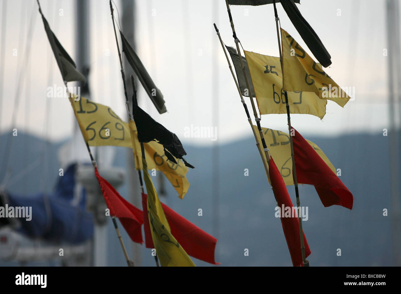 Coloured flags on a fishing boat in the Italian town of Portofino Stock ...