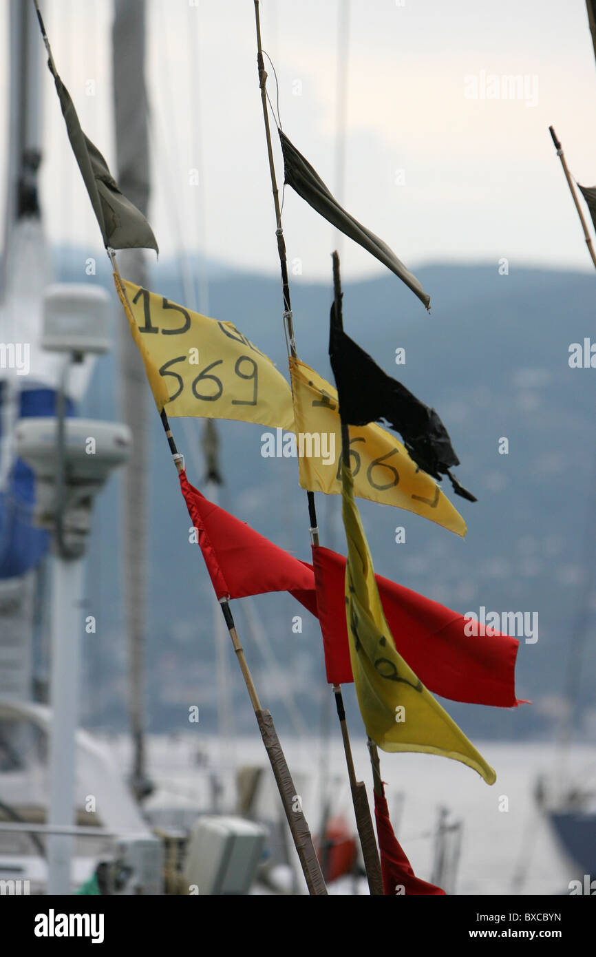 Coloured flags on a fishing boat in the Italian town of Portofino Stock ...