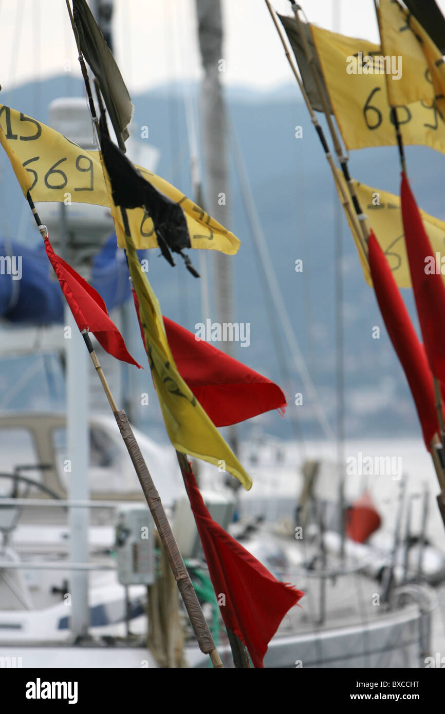 Coloured flags on a fishing boat in the Italian town of Portofino Stock ...