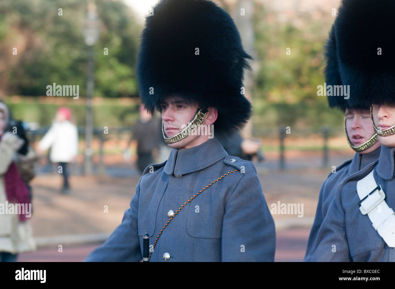 Queens Guards Band on parade in long grey tunic coats and Busby hats in ...
