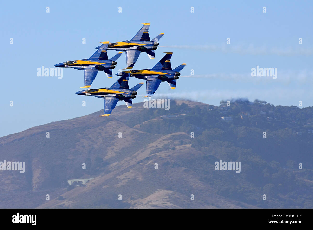 Blue Angel diamond formation in flight backed by the Marin Headlands ...