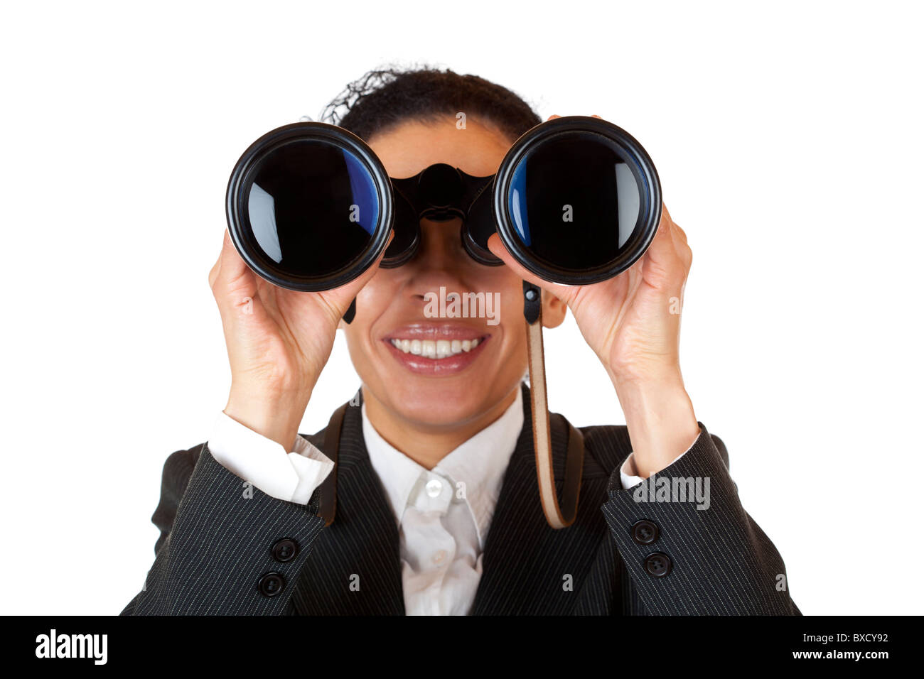 Woman looks through binoculars searching for business. Isolated on ...