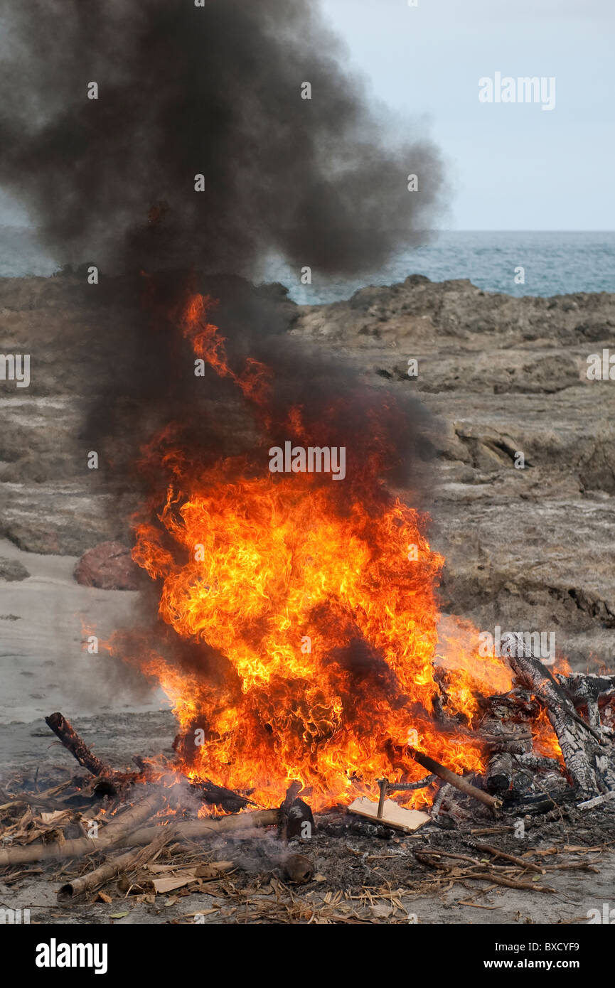 Smoking raging red bonfire on the beach Stock Photo - Alamy