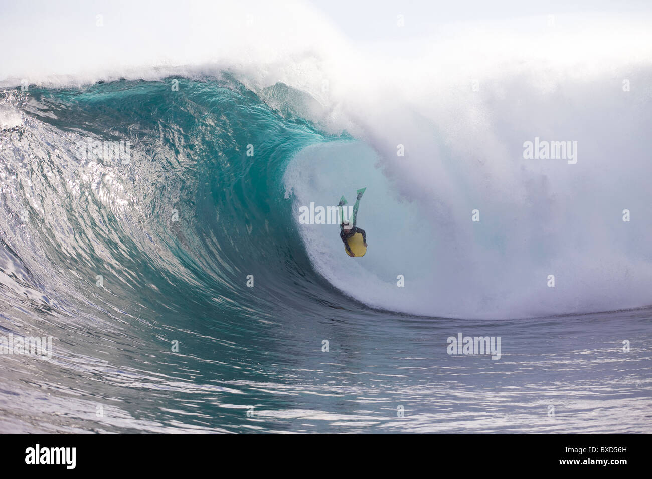 A man bodyboarding a huge wave at Shipsterns Bluff, Tasmania Stock ...